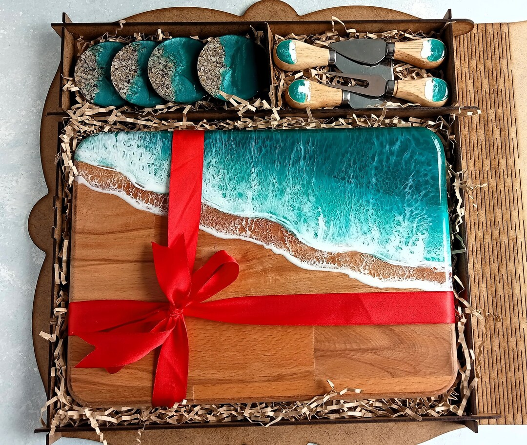 Personalized Ocean Resin Cheese Board Set: Charcuterie Board, Coasters ...