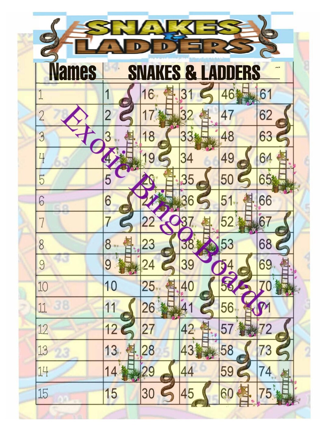 1-15 Line Bingo Board, 1-75 Balls Straight (snakes & Ladders) - Etsy Canada