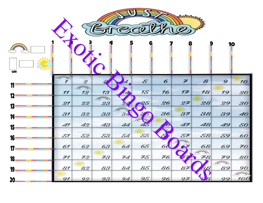1-20 Lines Bingo Board, 1-100 Ball, Straight (sunny Rainbows Grid ...