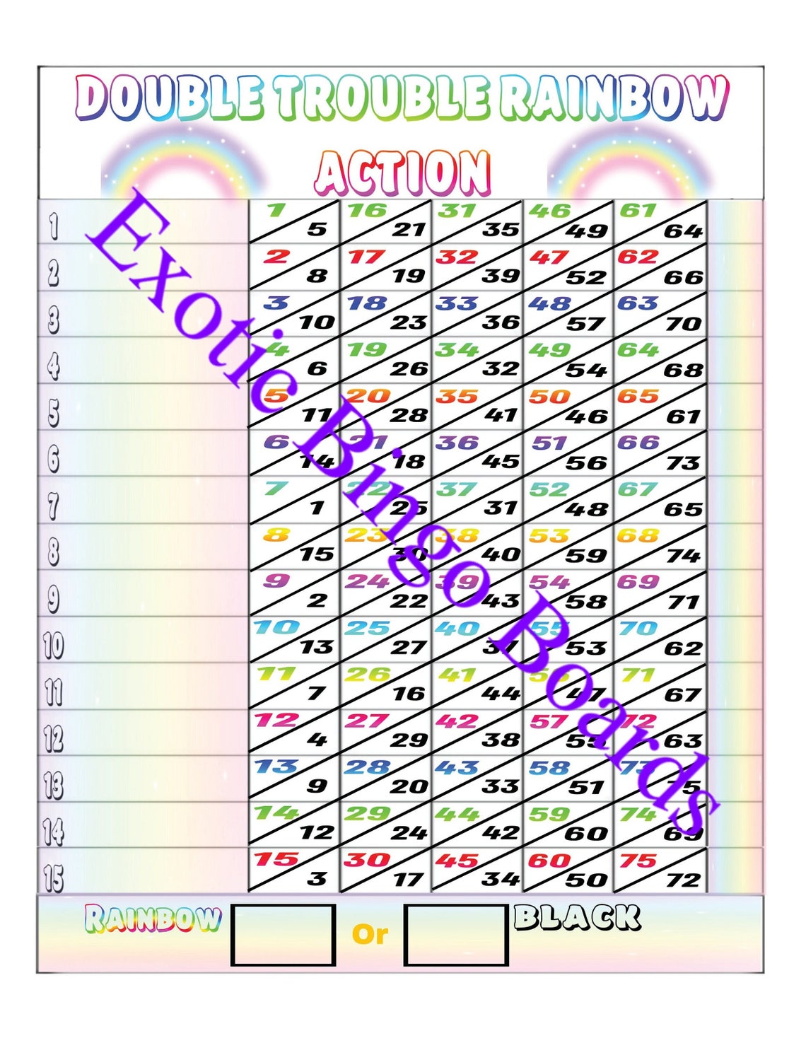 1-15 Line Bingo Board, 1-75 Balls Mixed (double Trouble Rainbow) - Etsy