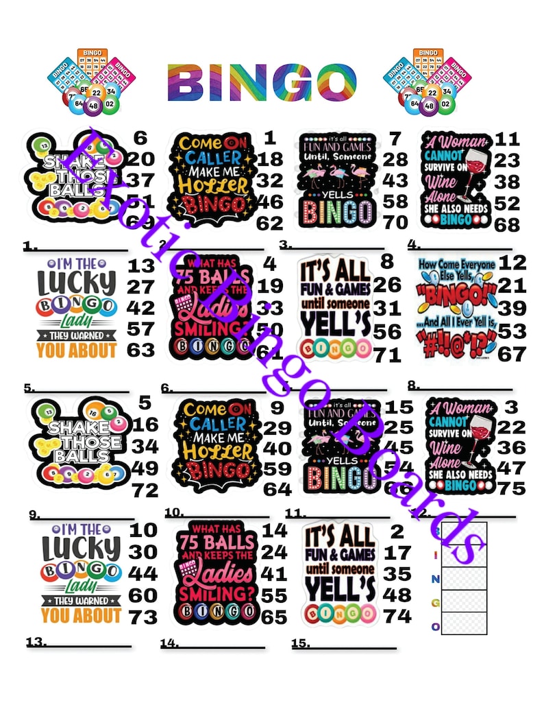 1-15 Lines Bingo Board, 1-75 Ball, Mixed Picture (bingo Sayings) - Etsy