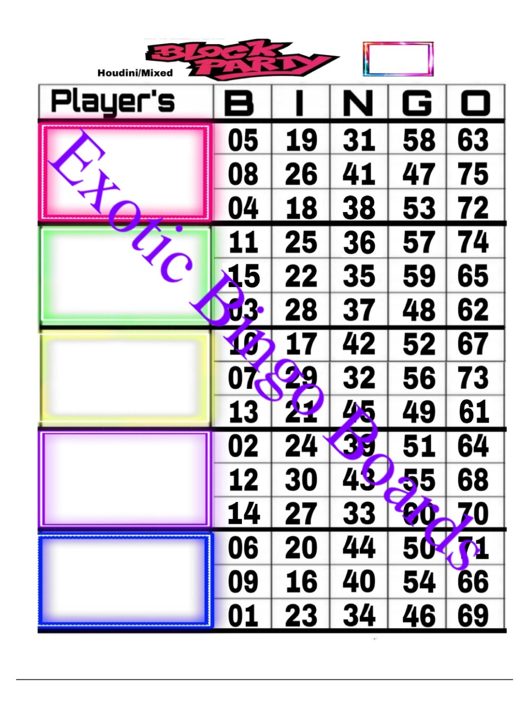 1-15 Line Bingo Board, 1-75 Balls Mixed Houdini (block Party) - Etsy