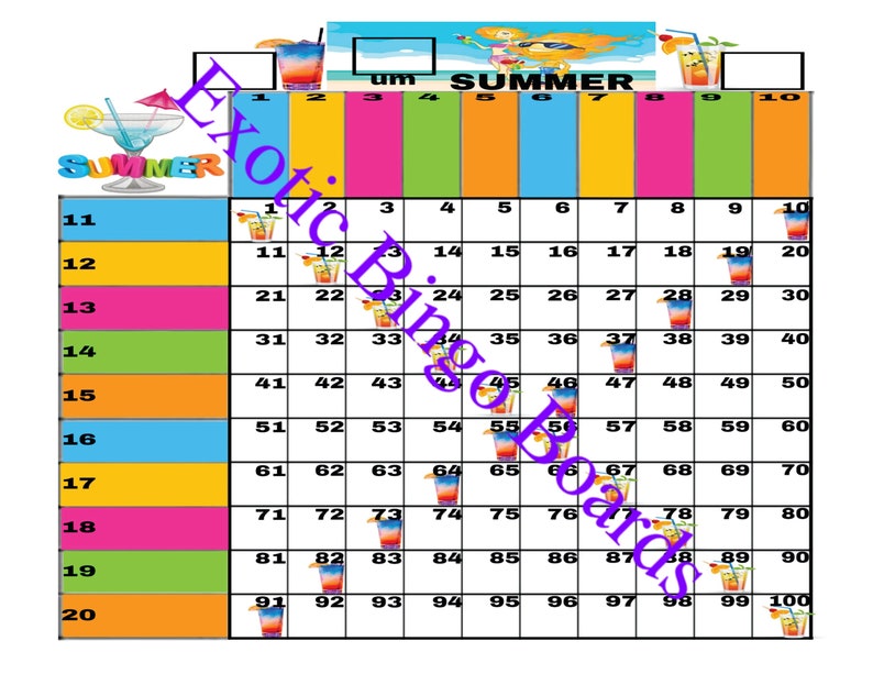 1-20 Lines Bingo Board, 1-100 Ball, Straight (summer Grid) - Etsy