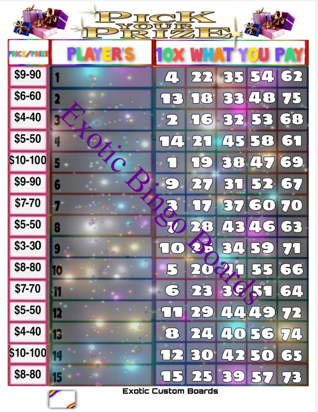 1-15 Line Bingo Board, 1-75 Balls Mixed (pick Your Prize) - Etsy