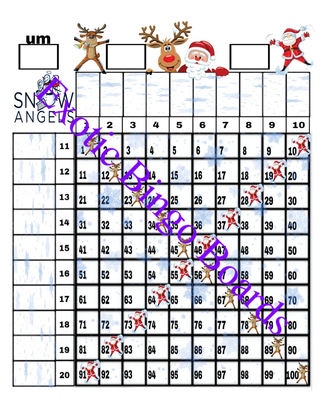 1-20 Lines Bingo Board, 1-100 Ball, Straight snow Angels Grid - Etsy