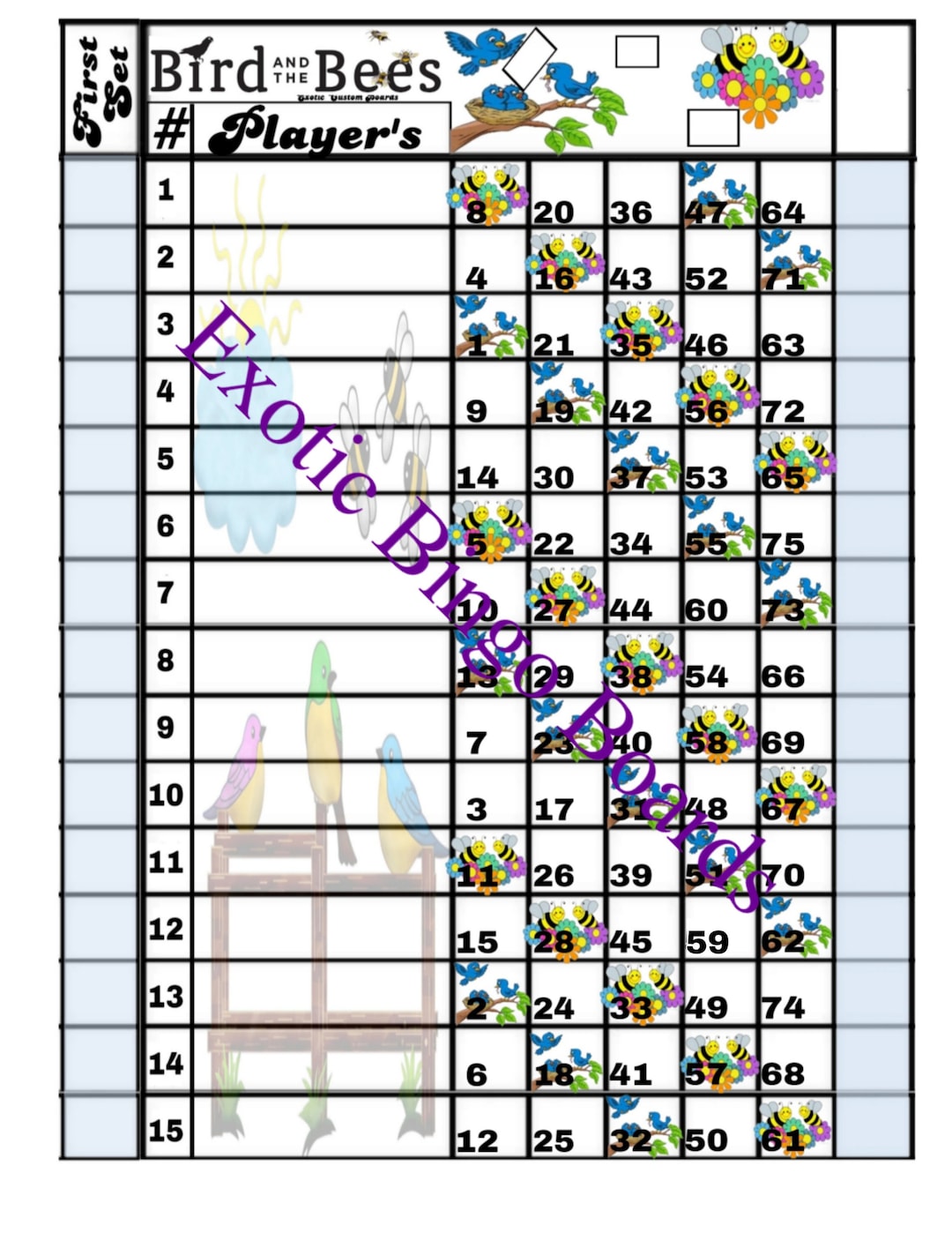 Tableau de bingo 1-75 boules, 1-15 lignes, mixte (oiseaux et abeilles ...