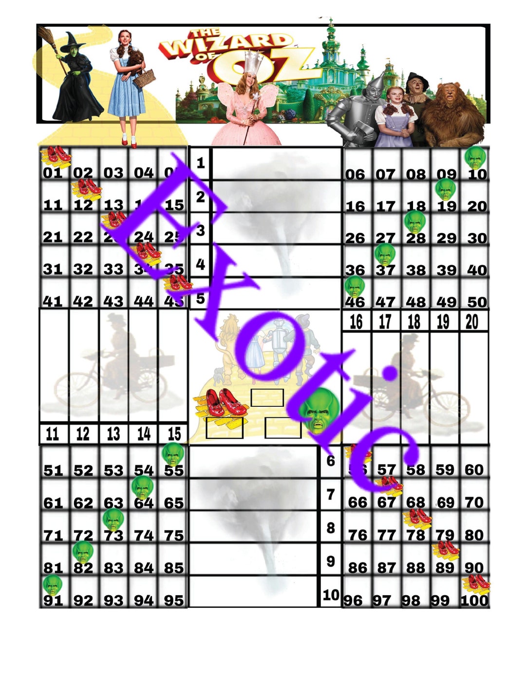 1-20 Lines Bingo Board, 1-100 Ball, Straight (wizard Grid) - Etsy