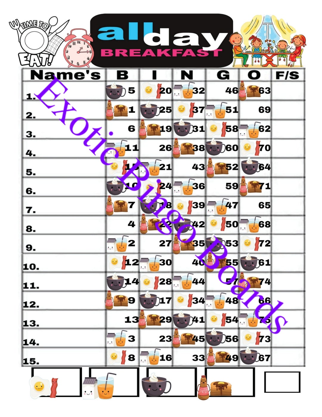 Tableau de bingo de 1 à 15 lignes, 1 à 75 boules mixtes (petit-déjeuner ...