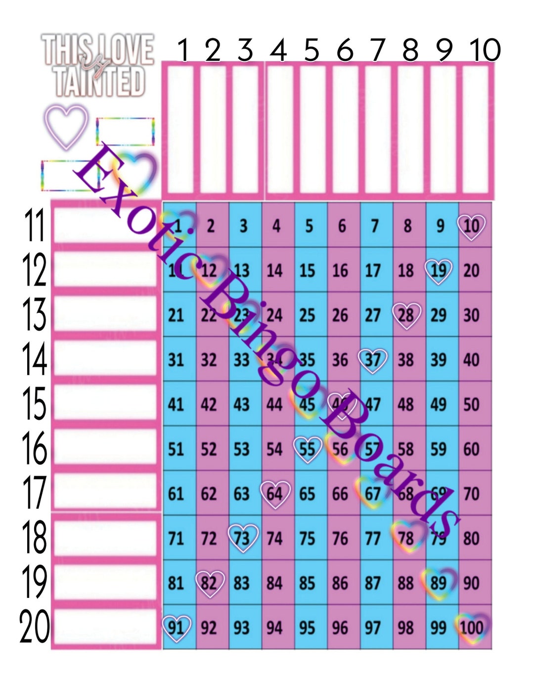 1-20 Lines Bingo Board, 1-100 Ball, Straight (tainted Love) - Etsy Canada