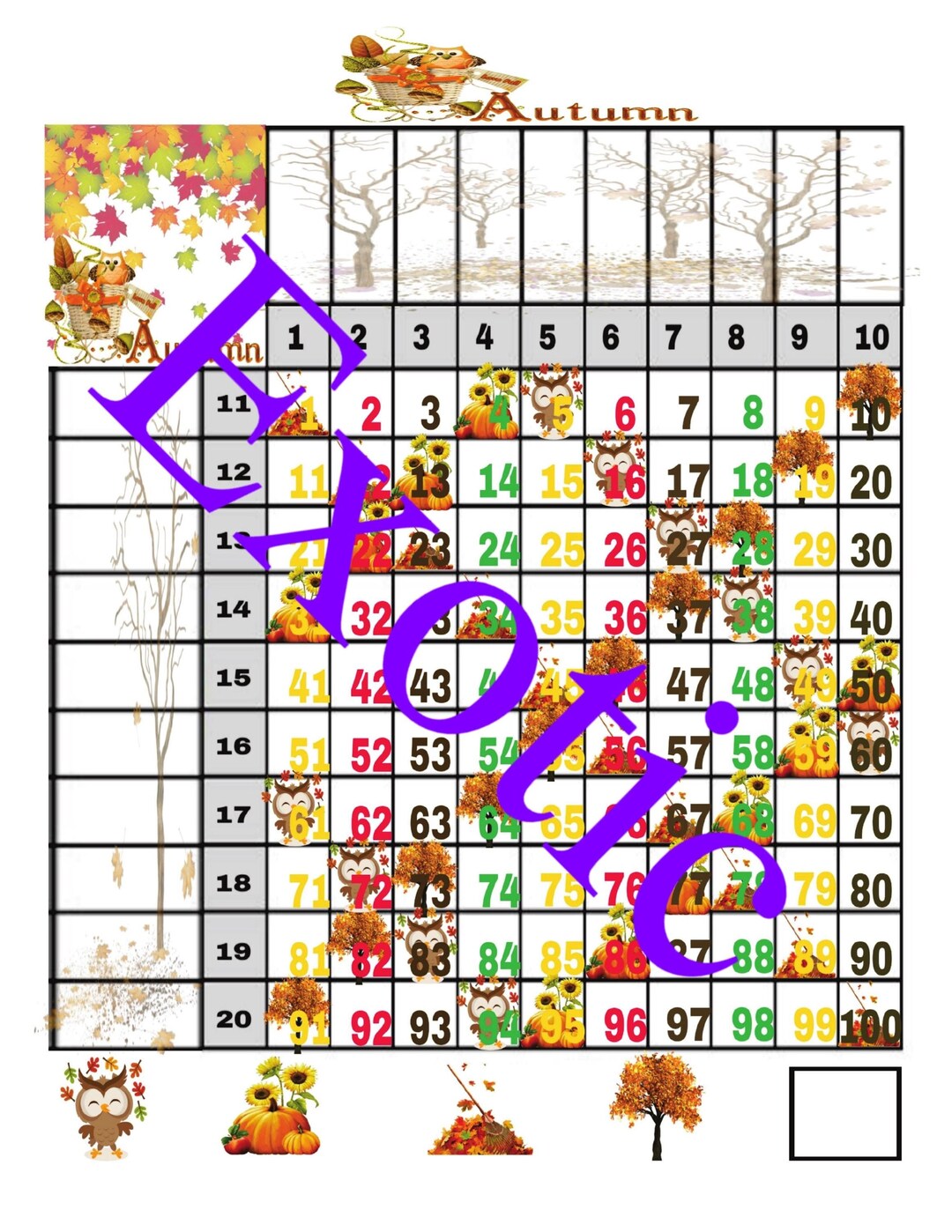 1-100 Ball Bingo Board, 1-20 Lines, Straight autumn Grid - Etsy