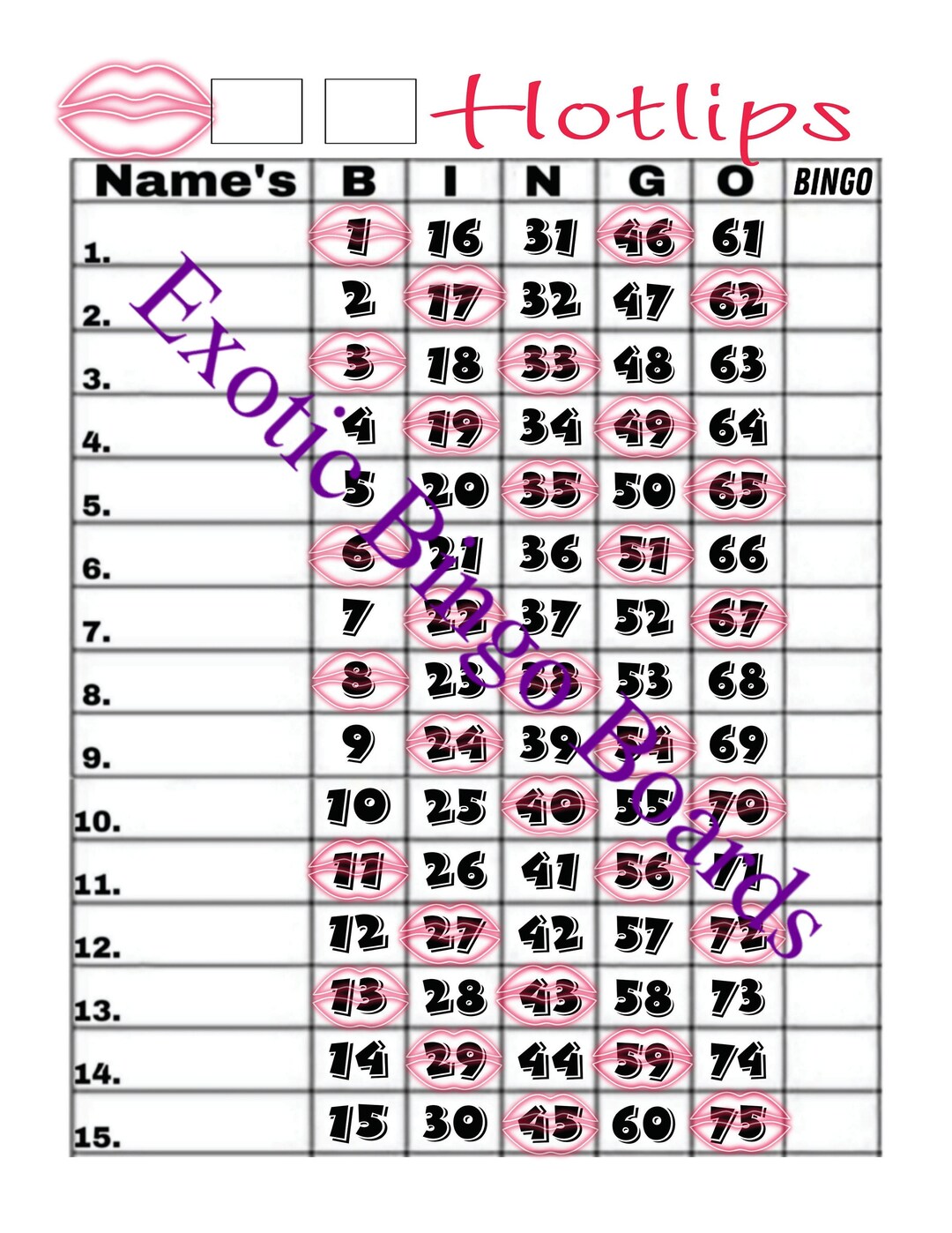 1-75 Ball Bingo Board, 1-15 Lines, Straight (hotlips) - Etsy Canada