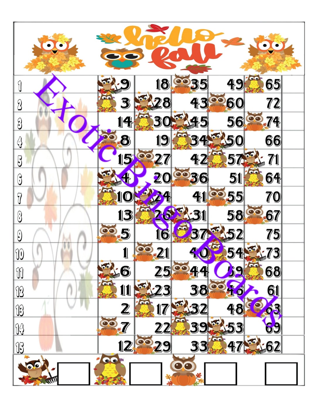 Tablero de bingo de 1 a 75 bolas, 1 a 15 líneas, mixto Hello Fall Owl ...
