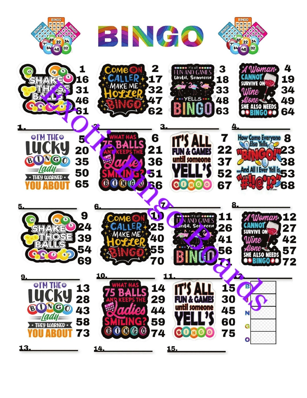 1-15 Lines Bingo Board, 1-75 Ball, Straight Picture (bingo Sayings) - Etsy