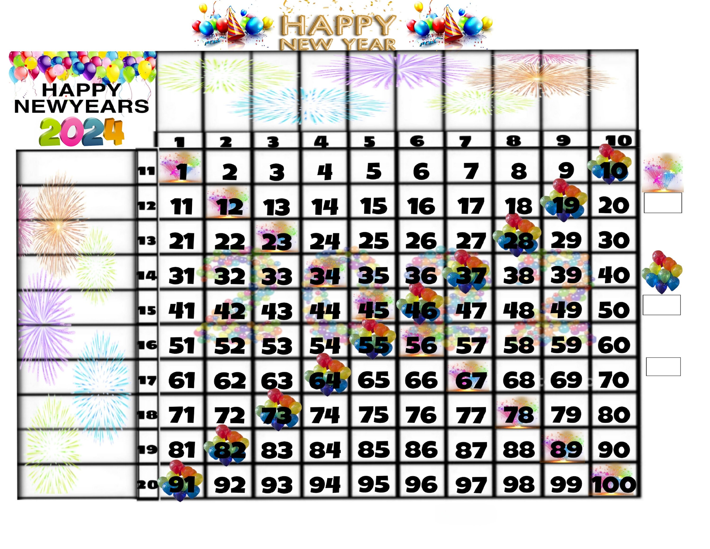 1-20 Lines Bingo Board, 1-100 Ball, Straight (2024 New Years Grid ...