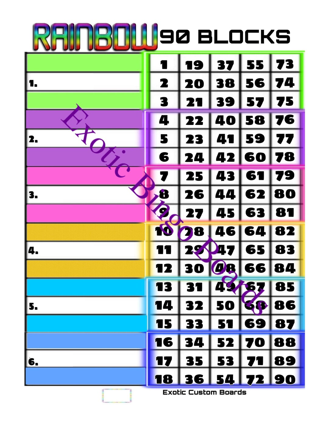 1-90 Ball Bingo Board, 1-18 Lines Straight (rainbow Blocks 90) - Etsy