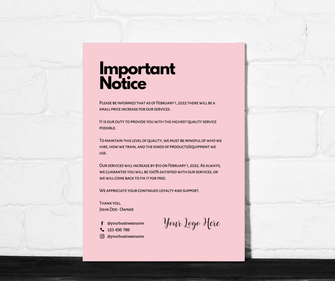 PRICE INCREASE LETTER Ll, Editable, Cleaning Business, Professional ...