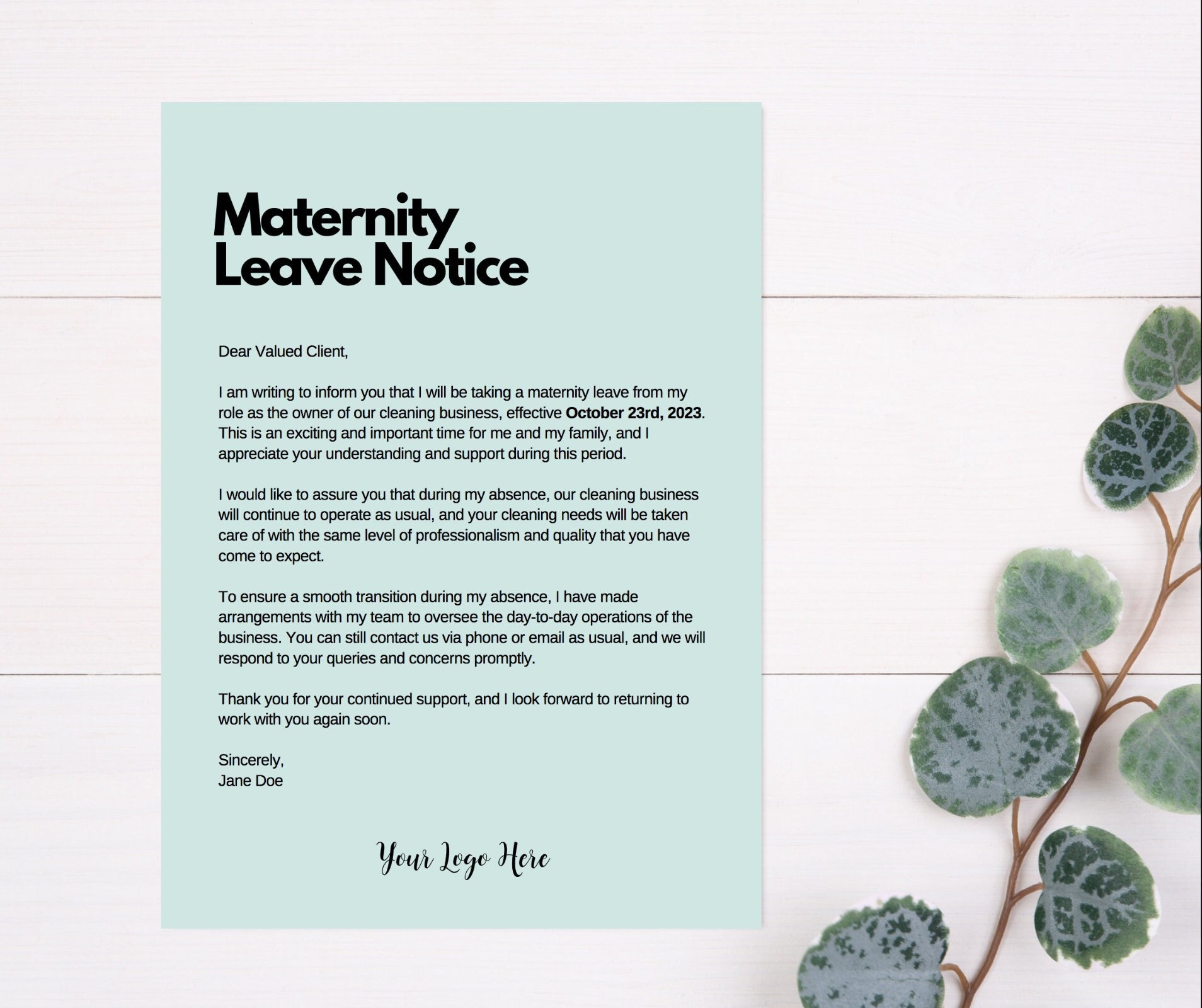 MATERNITY LEAVE NOTICE, Editable, Cleaning Business, Professional ...