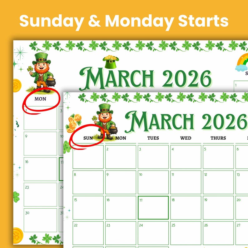 St. Patrick's Day Calendar March 2026 | Shamrock Planner (digital ...