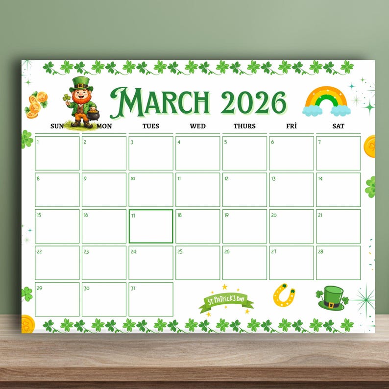 St. Patrick's Day Calendar March 2026 | Shamrock Planner (digital ...