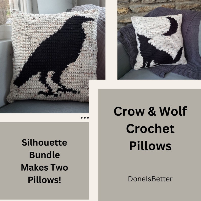 Crow and Wolf Crochet Pillow Pattern Bundle, Animal Silhouette Tapestry ...