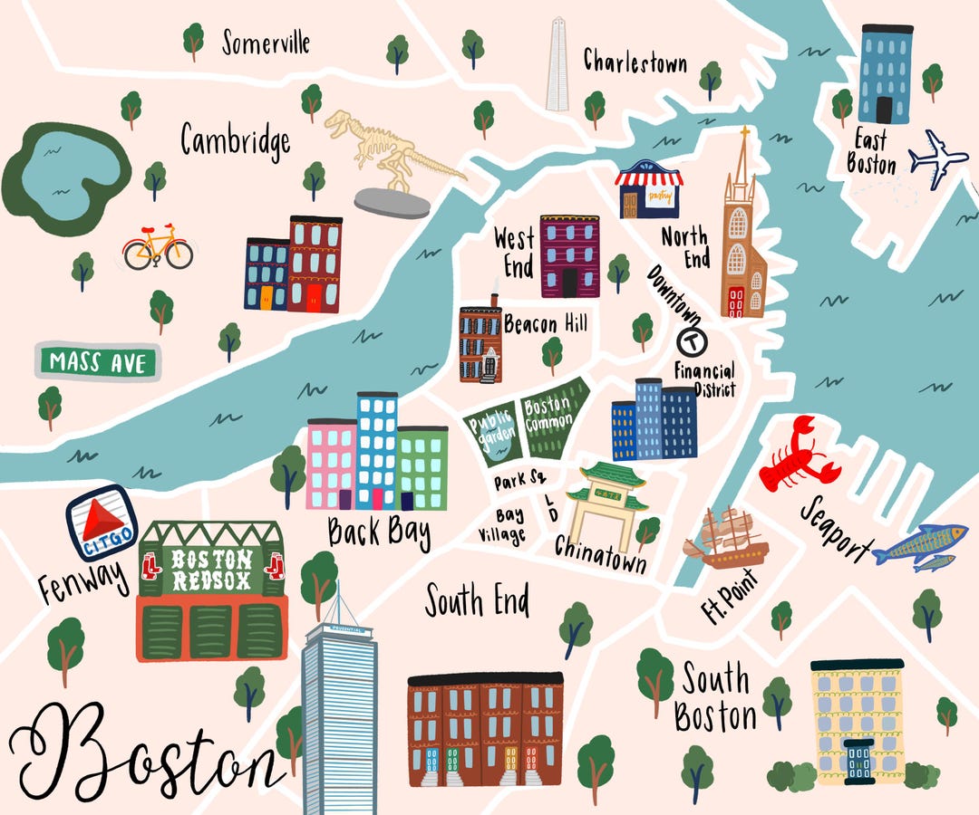 Boston Map Illustrated Boston Art Print for Boston Gift Boston Art ...