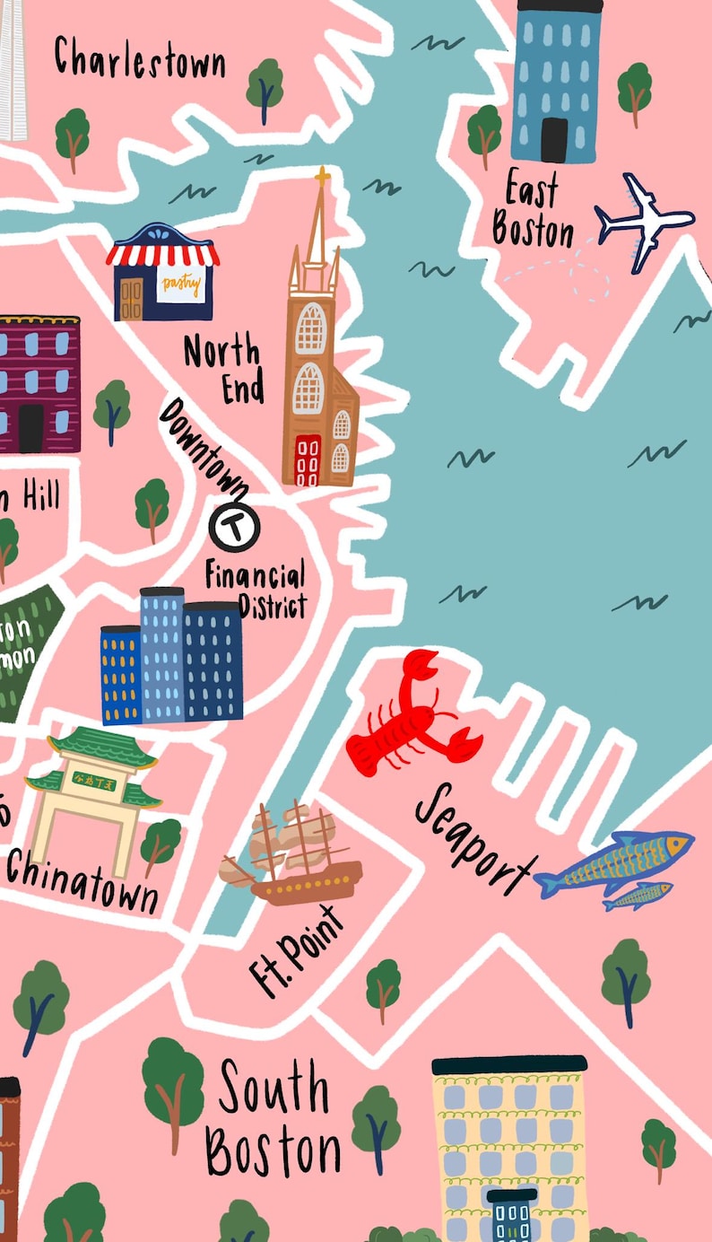 Boston Map Illustrated Boston Art Print for Boston Gift Boston Art ...