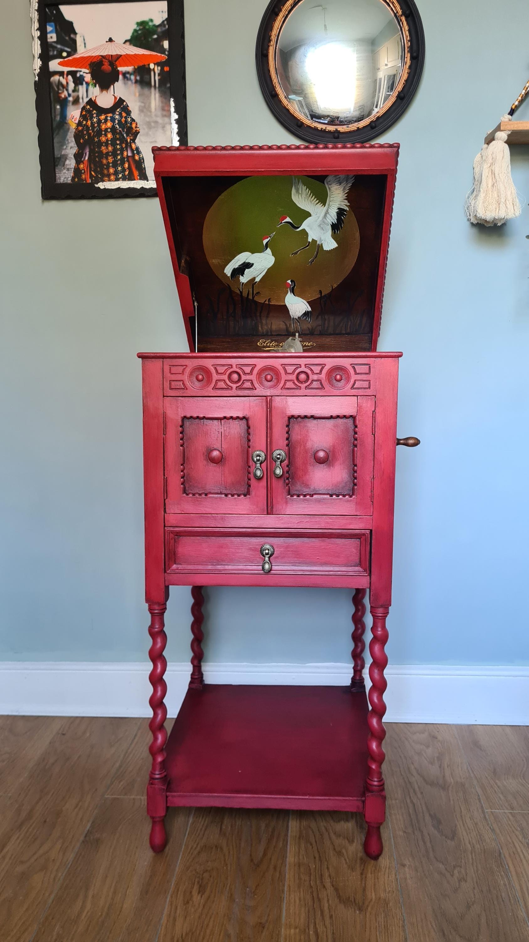 Upcycled Vintage Gramophone Cabinet | Antique Barley Twist Legs | Red ...