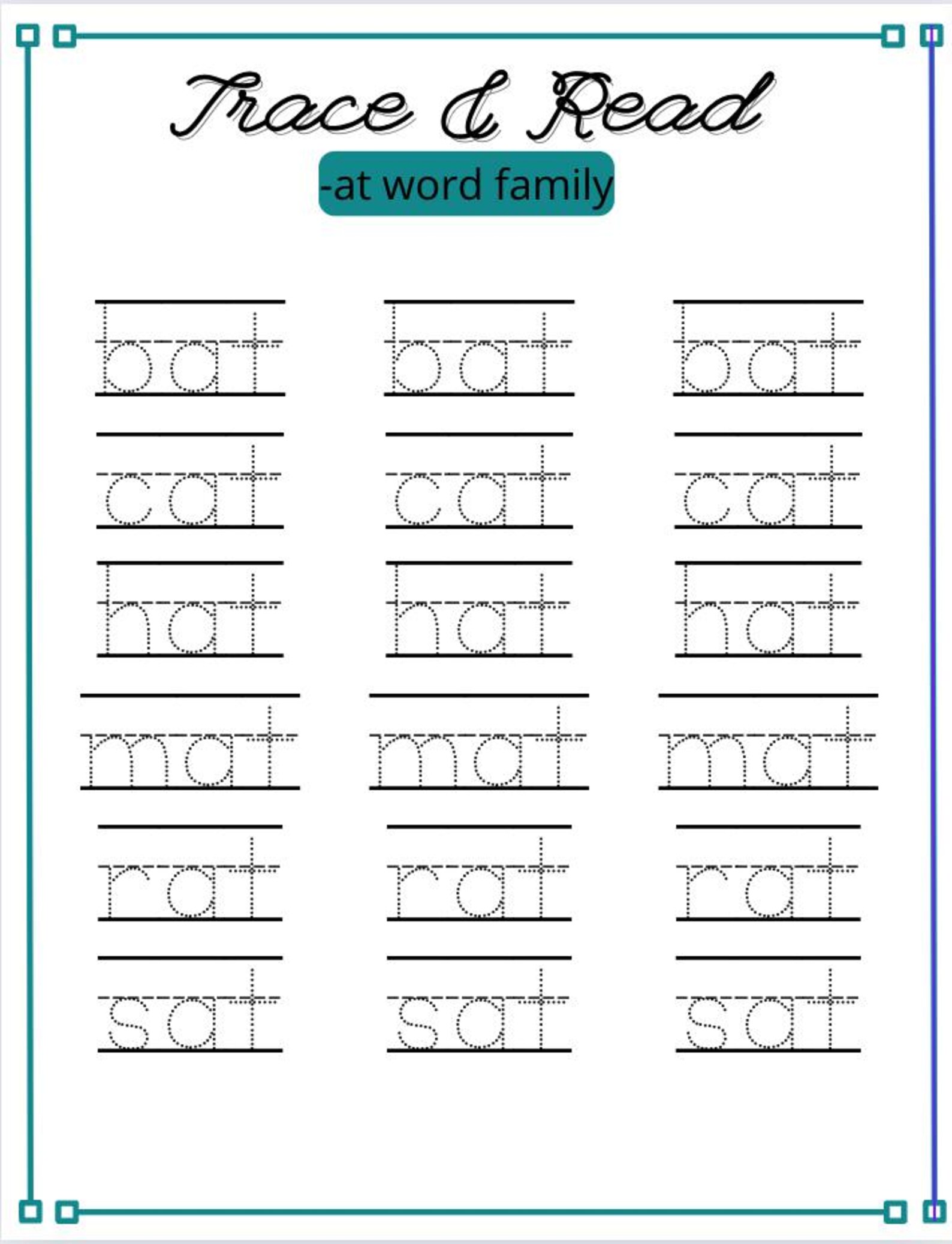 Pre-k and Kindergarten Word Family Practice -AT - Etsy