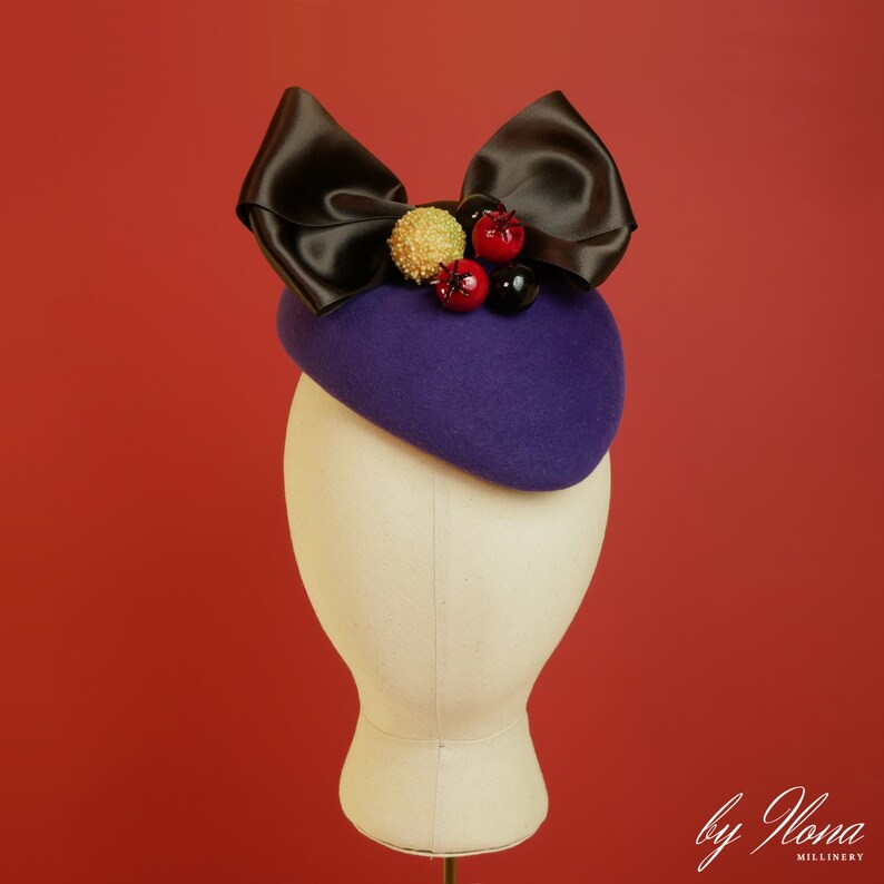 Purple Hat Felt Teardrop Percher Vintage Style With Bow and Berries ...