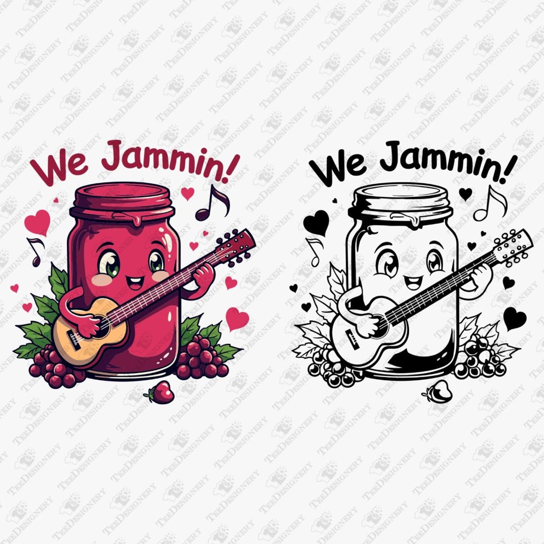 We Jammin Cute Jam Jar Guitar Player, Whimsical Music Art, Berries ...