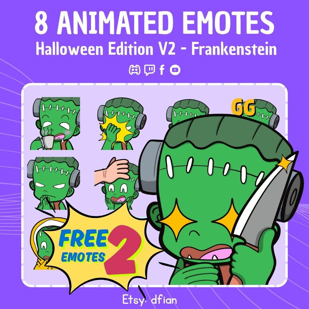 Twitch Animated Halloween Emotes Pack | Frankenstein Cute Kawaii Chibi ...