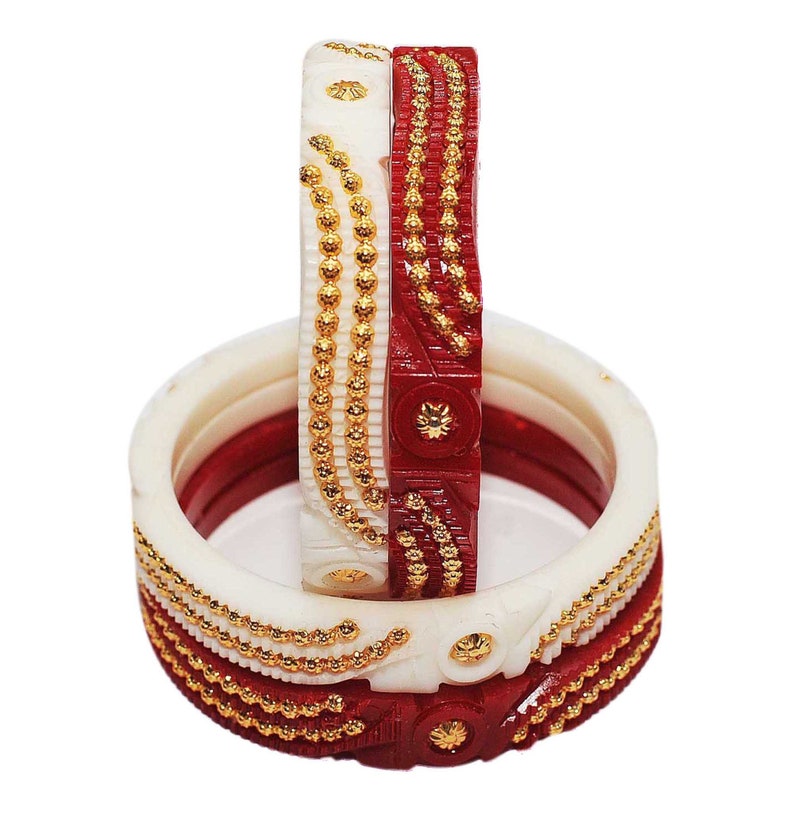 Handmade Red and White Shakha Pola Bangle Set, Gold Plated Acrylic ...