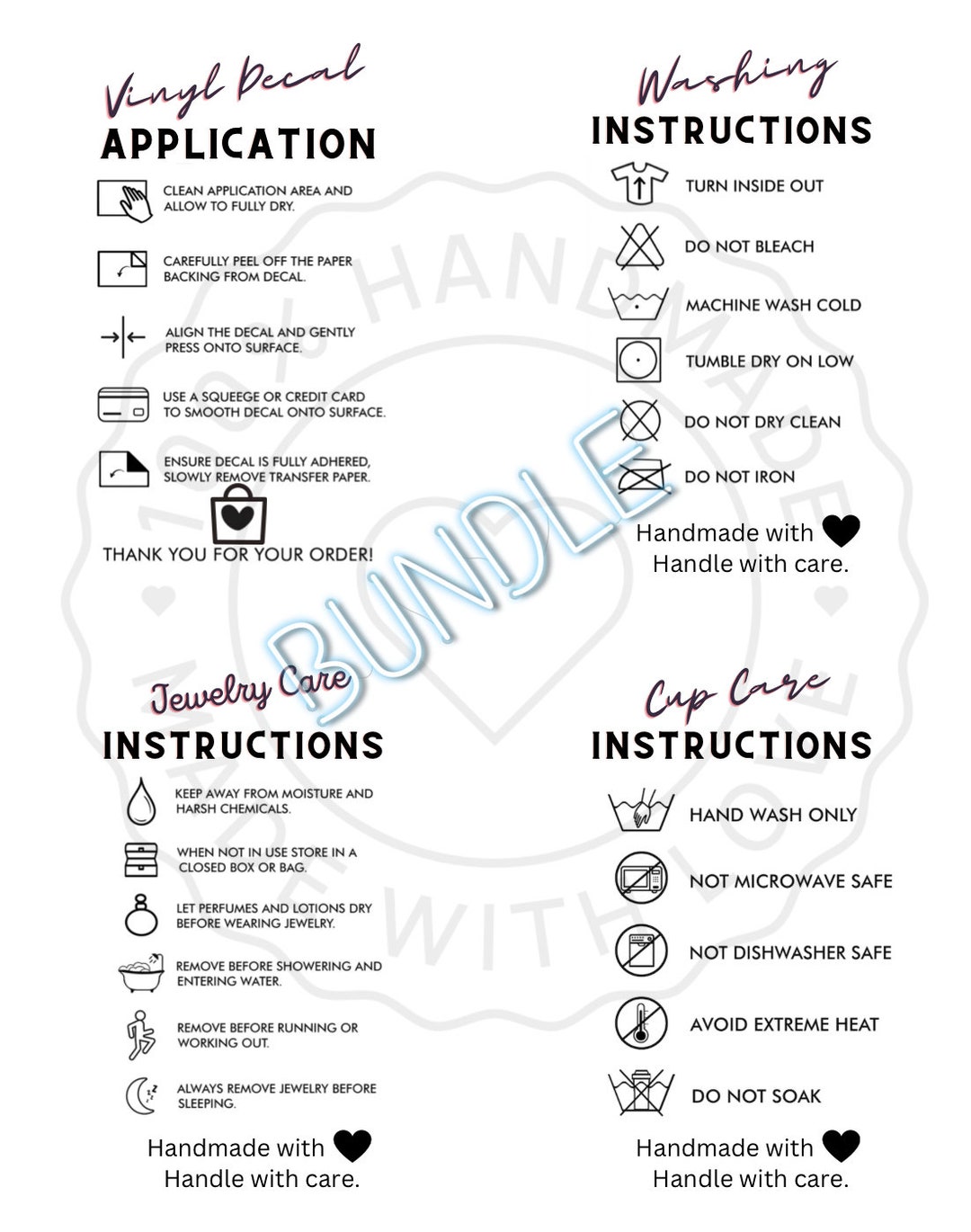 Printable Care Instruction Cards: Vinyl Decal, Jewelry, Cup, Clothing ...