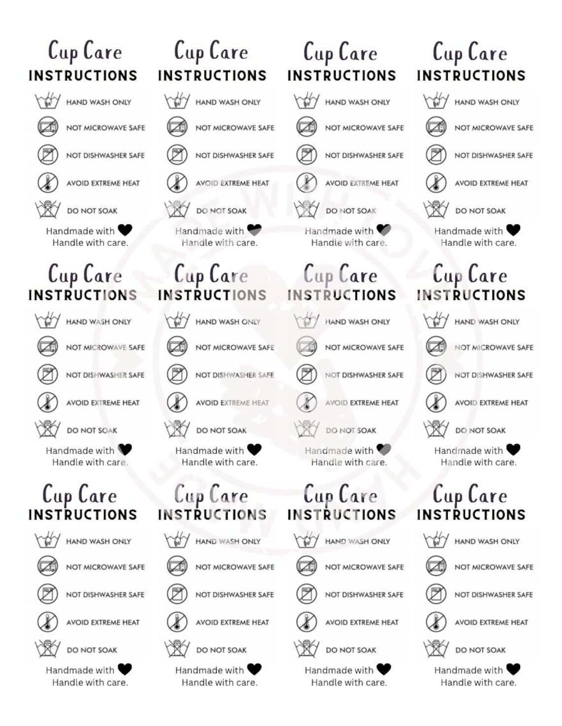 Cup Care Instructions Printable: Small Business Supplies (PDF) - Etsy