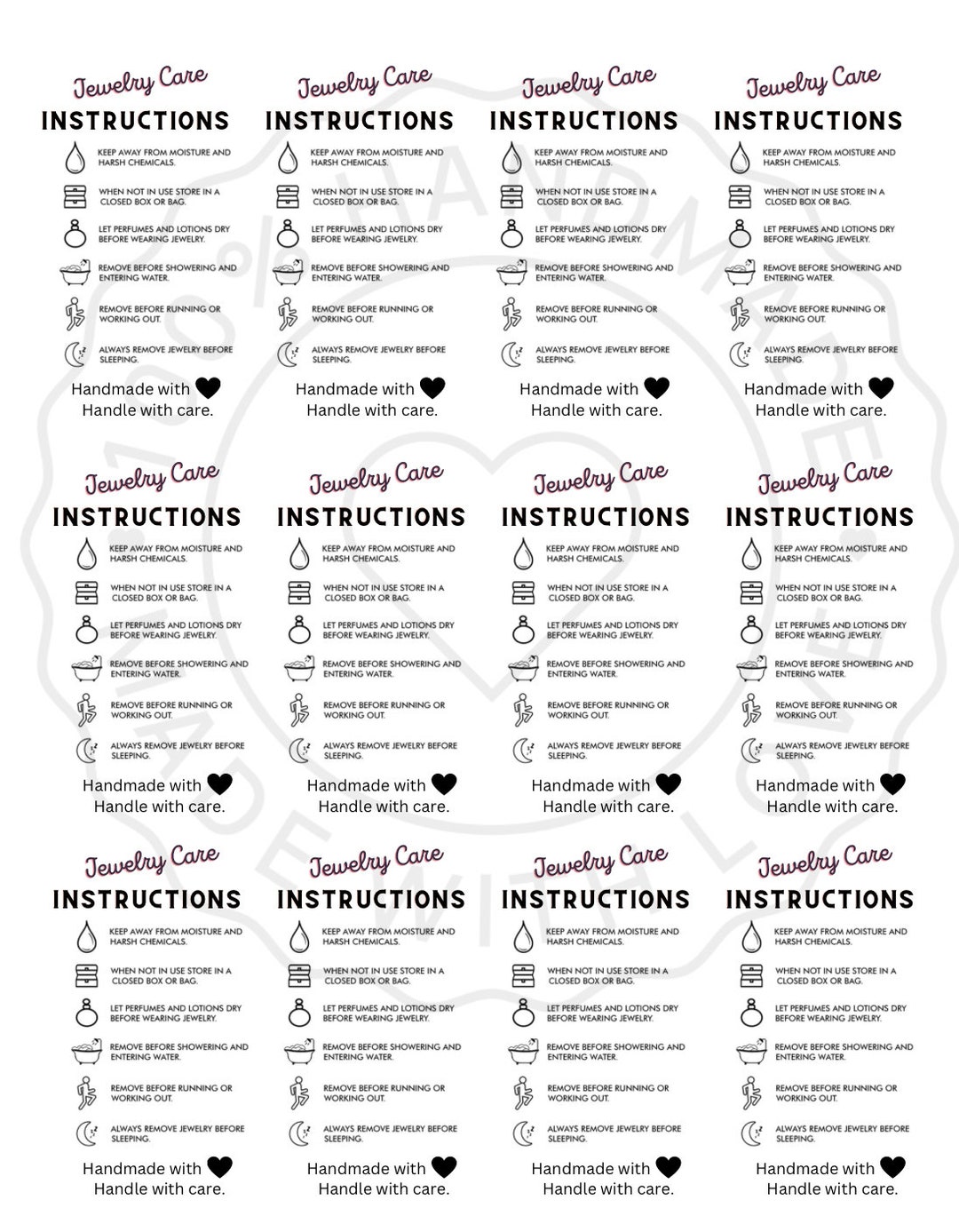 Jewelry Care Card Instructions: Printable Small Business Supplies (PDF ...