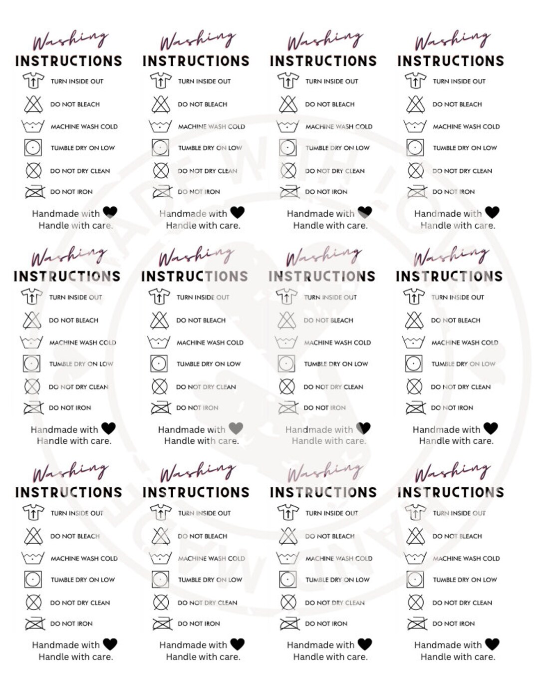 Clothing Care Instructions Printable: Small Business Supplies (PDF) - Etsy