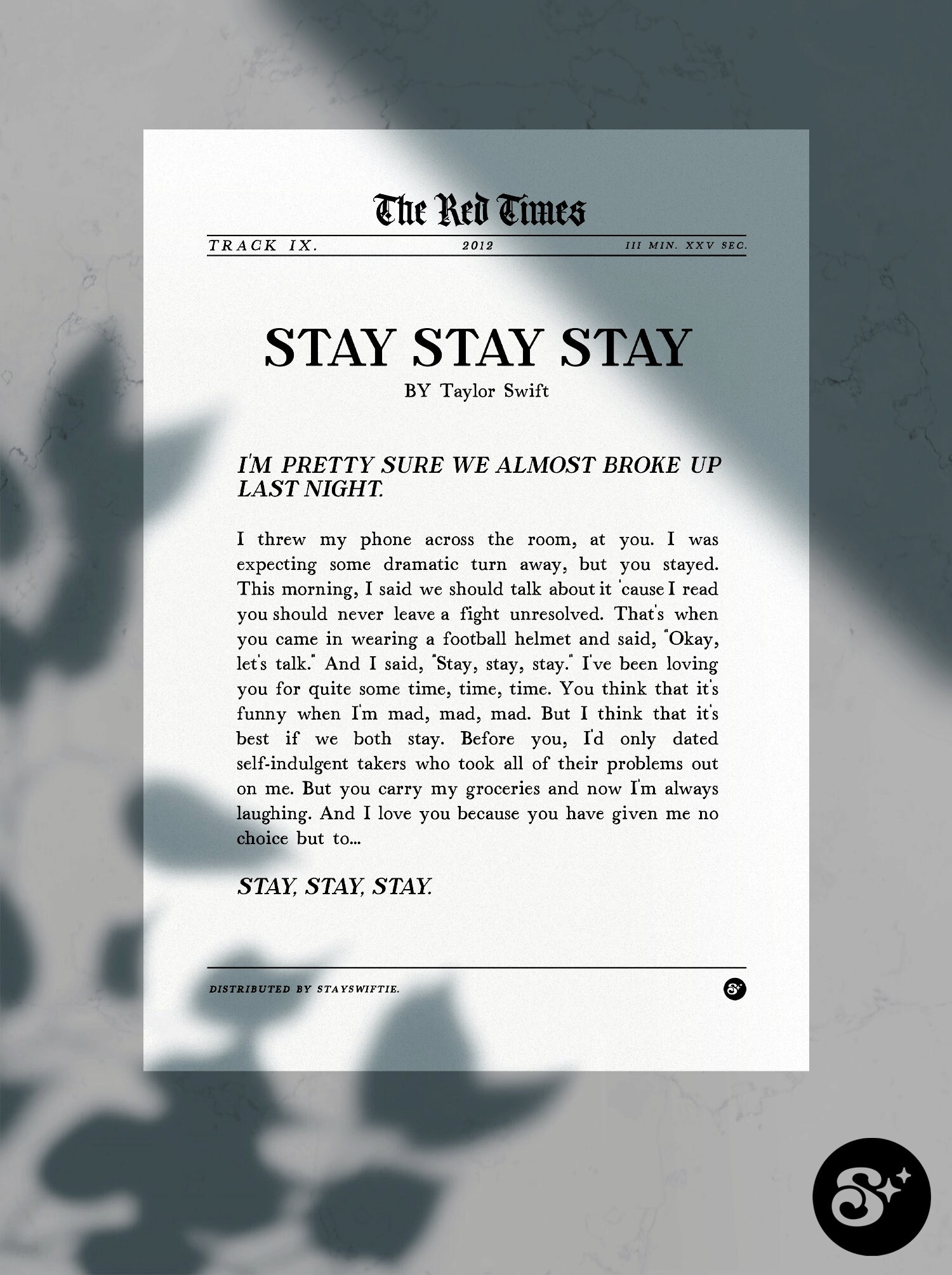 Stay Stay Stay Taylor Swift Lyrics