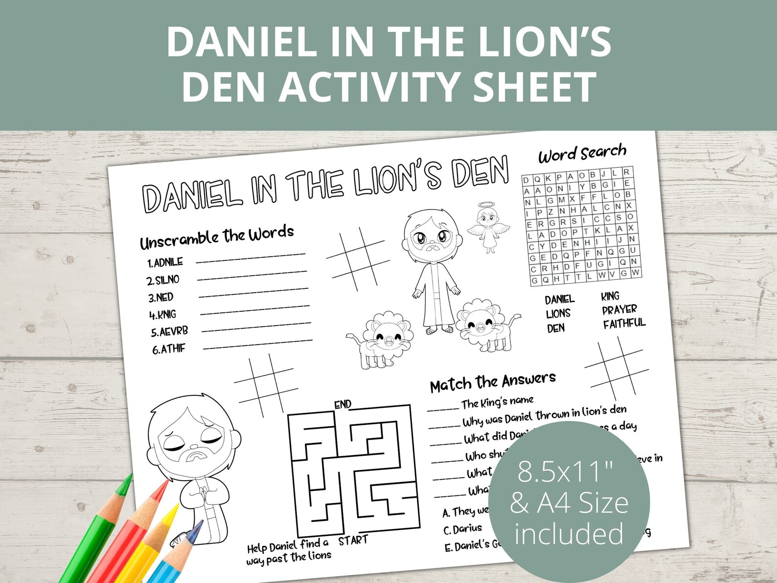 Daniel and the Lions Den, Bible Placemat, Church Kids Activity, Bible ...