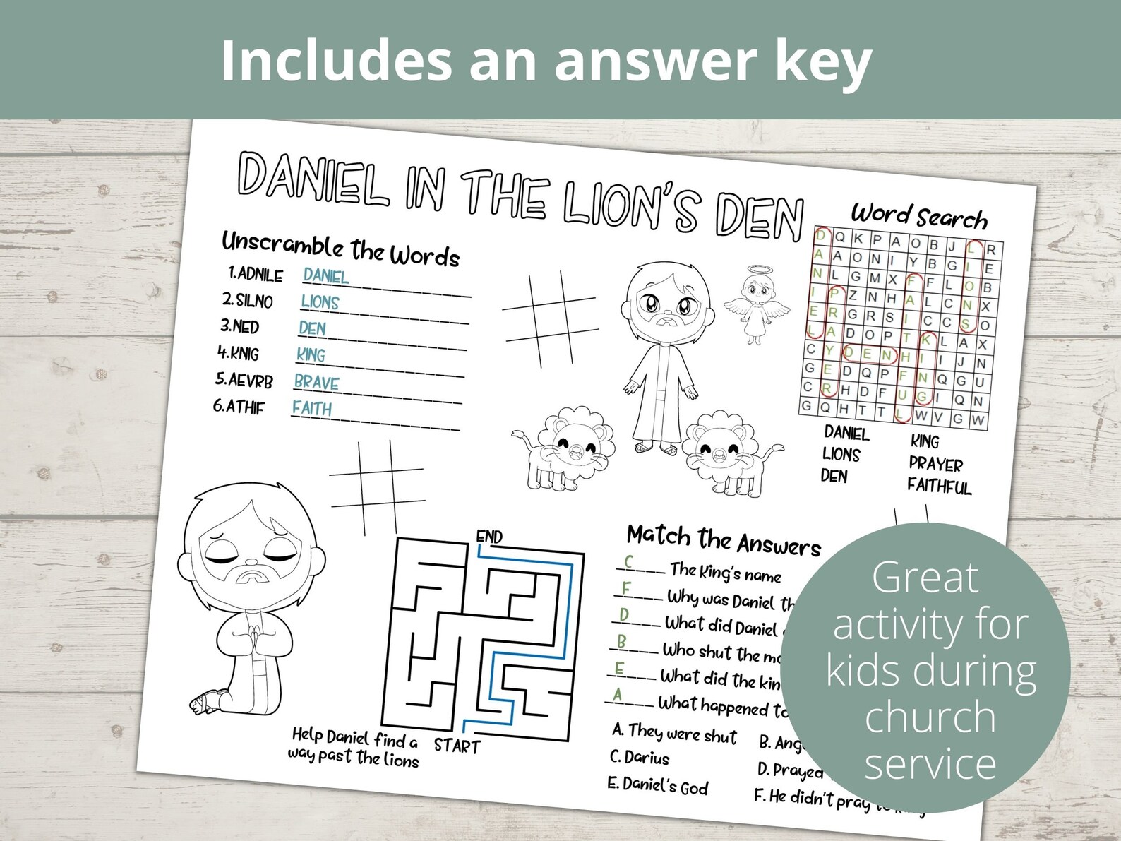 Daniel and the Lions Den, Bible Placemat, Church Kids Activity, Bible ...
