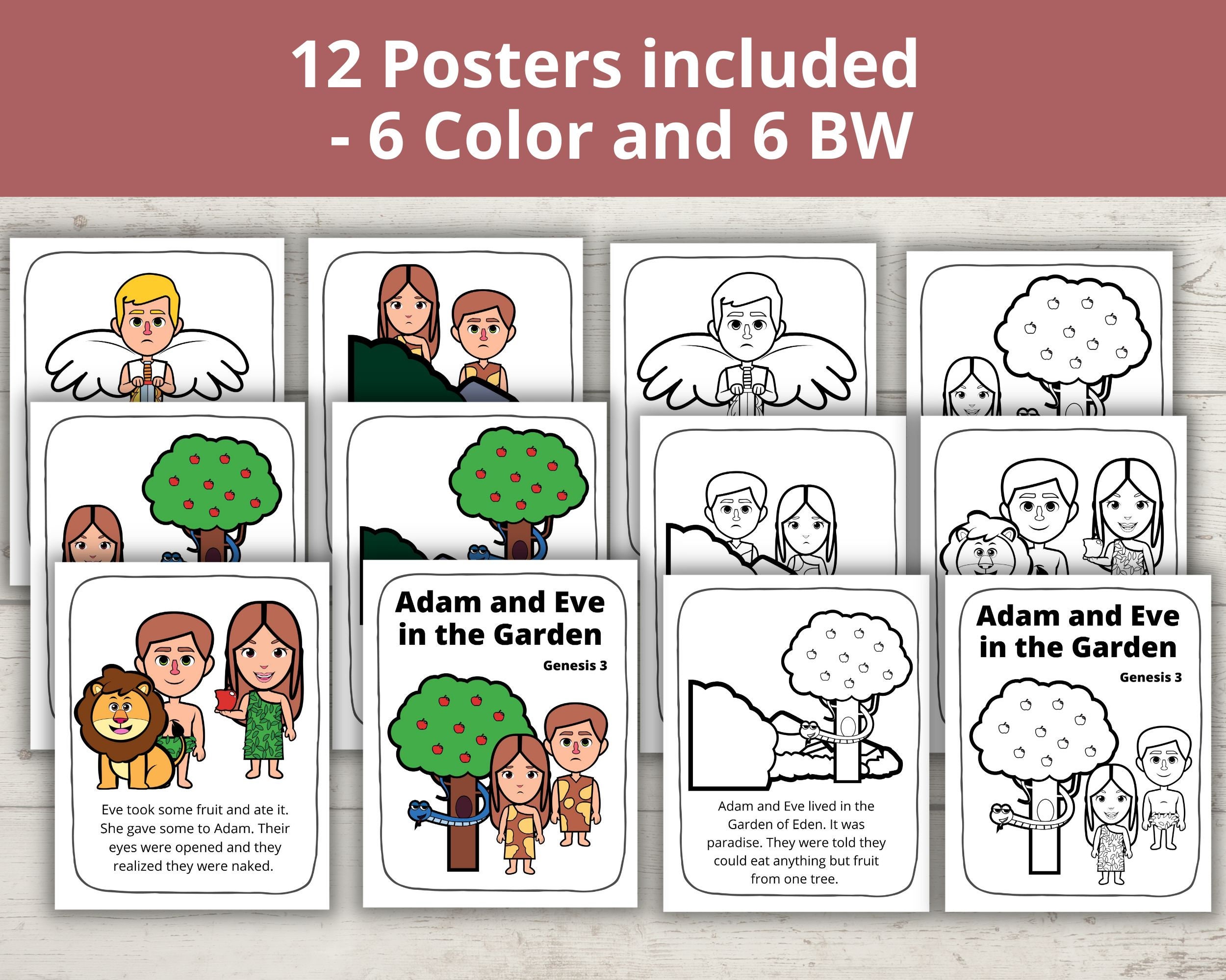 Adam and Eve Posters, Bible Coloring Pages for Kids, Bible Story Poster ...