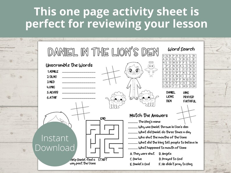 Daniel and the Lions Den, Bible Placemat, Church Kids Activity, Bible ...