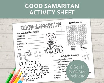 The Good Samaritan Activity Placemat, Jesus' Parable, Bible Story Coloring Placemat as Kids ...