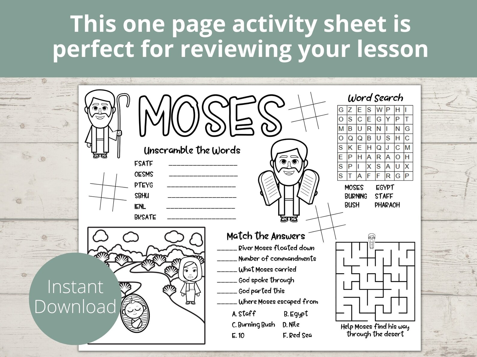 Moses Coloring, Bible Activity, Bible Placemat, Moses Craft, Baby Moses ...
