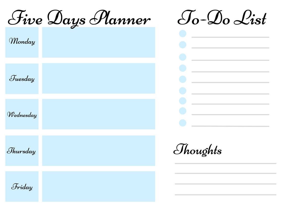 Five Day Planner Printable Landscape- Digital Planner- Office Planner ...