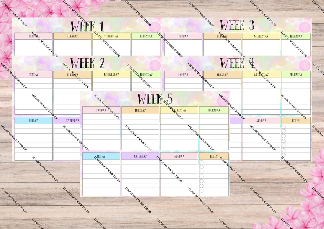 Week 1 to 5 Printable Calander, Monthly Planner, Download Planner's ...