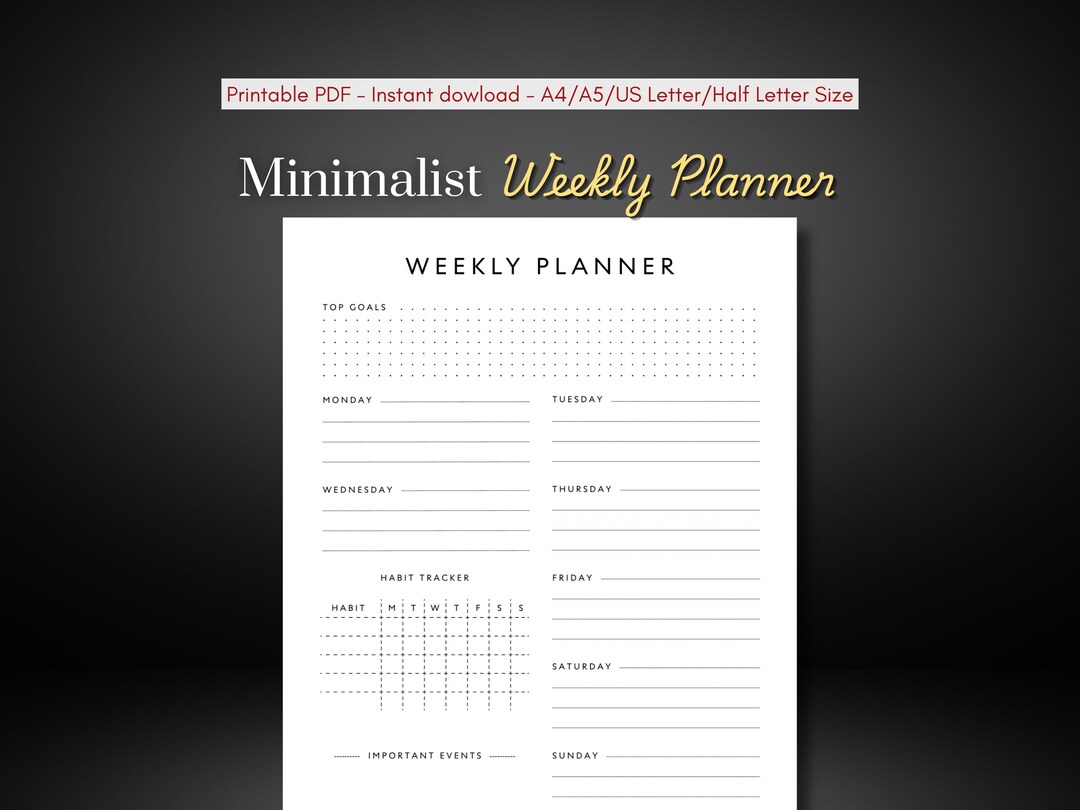Minimalist Weekly Planner Printable: Undated Schedule, Habit Tracker ...