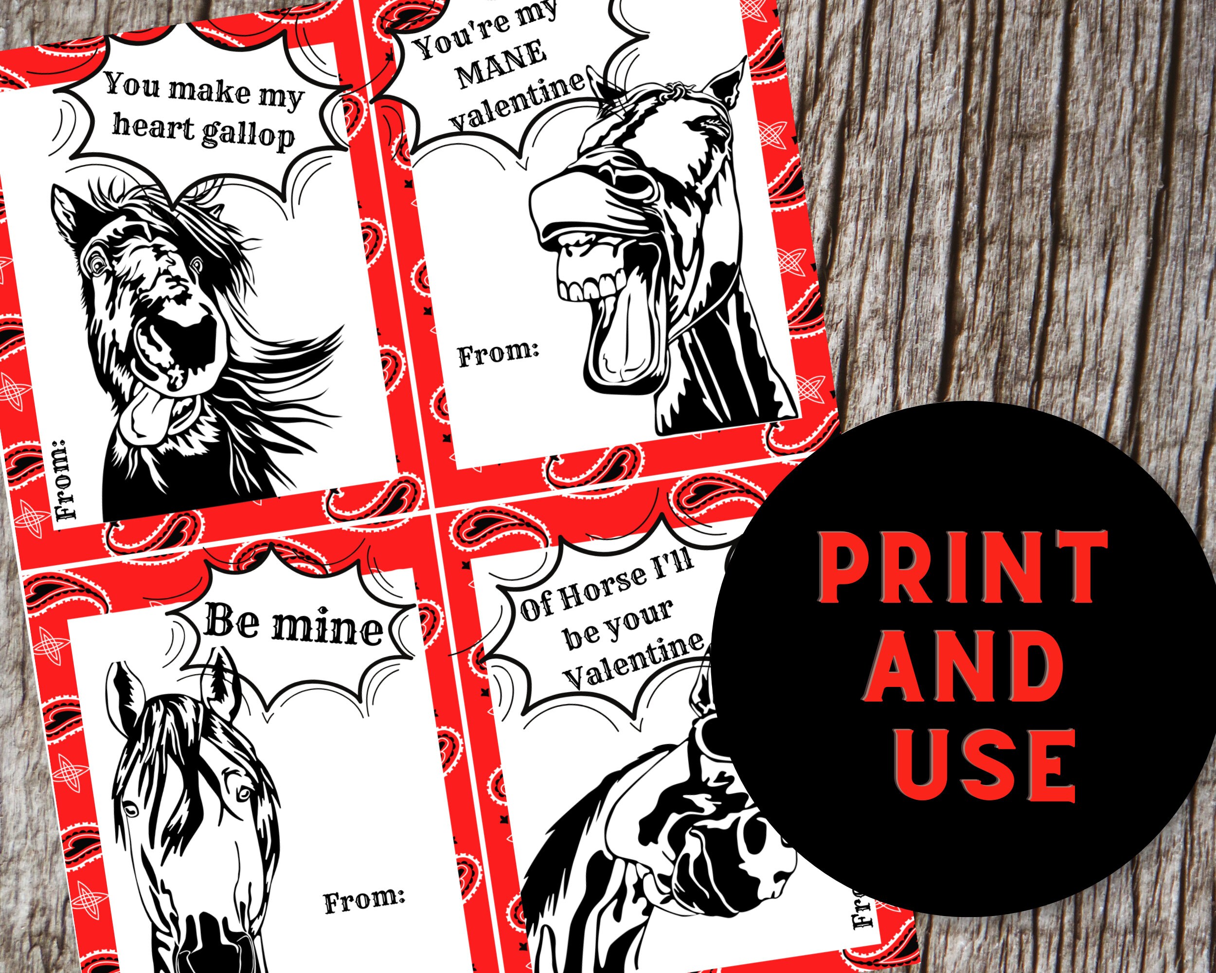 Funny Horse Valentine Cards for Kids, DIY Printable Valentine, Digital ...