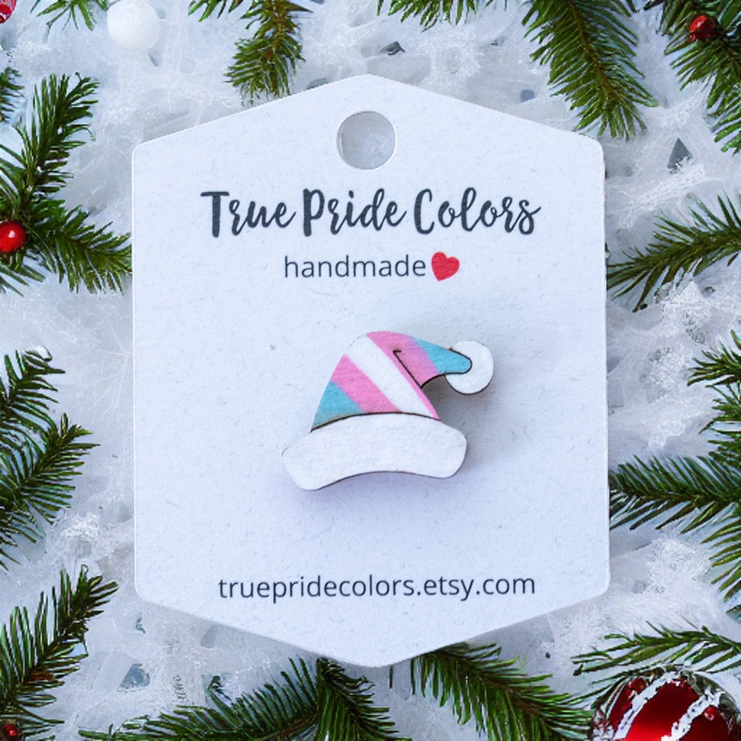 Trans Pride Santa Hat Wood Pin, Handmade Queer Pins, LGBTQ Christmas ...