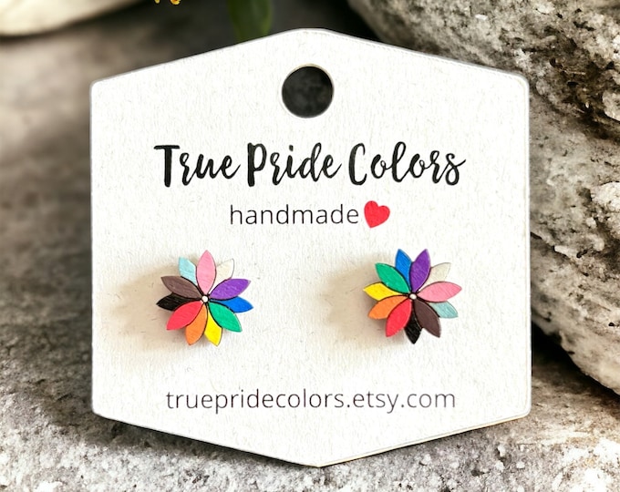 Progress Pride Flag Daisy Flower Wood Stud Earrings, Progress Flag Earrings, Progressive Pride ...