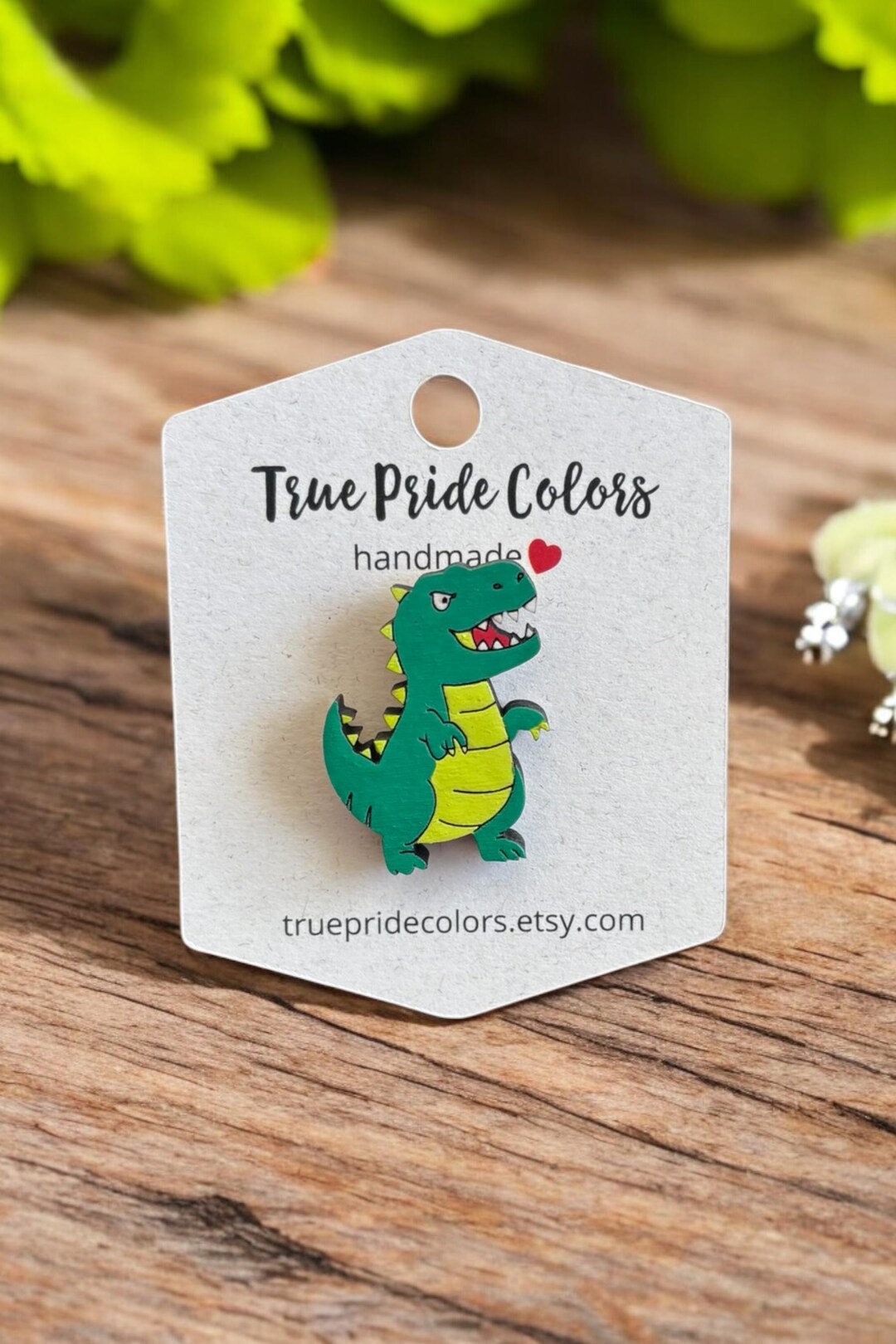 Dinosaur T-rex Wood Pin Badge, Dino Pins, Green Dinosaur, Prehistoric ...